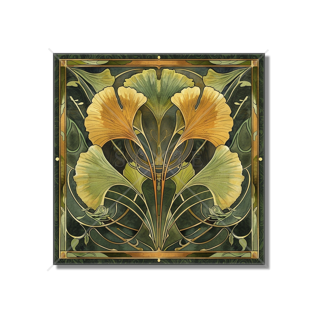 Vintage Art Nouveau Ceramic Tile Ginkgo Leaf Design Gold Green Kitchen ...