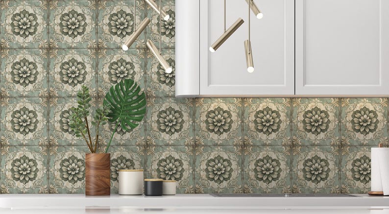 Antique Floral Green Ceramic Tile - Green Kitchen Backsplash - Green ...