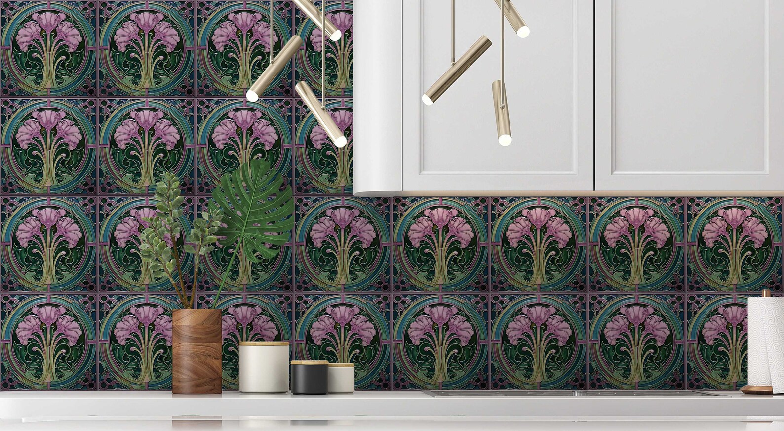 Ceramic Tile Purple Green Vintage Art Nouveau Design Kitchen Backsplash ...