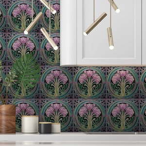 Ceramic Tile Purple Green Vintage Art Nouveau Design Kitchen Backsplash ...