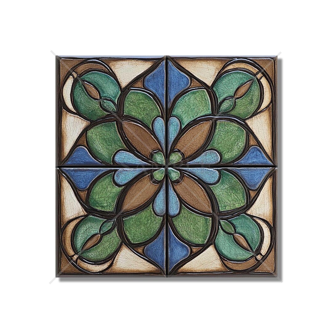 Blue Green Ceramic Tile Vintage Art Nouveau Design Kitchen Backsplash ...