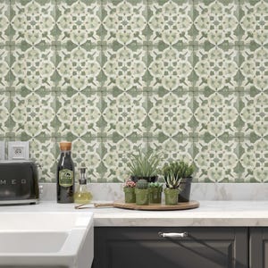 Sage Green Patterned Ceramic Tile - Green Kitchen Backsplash - Unique ...