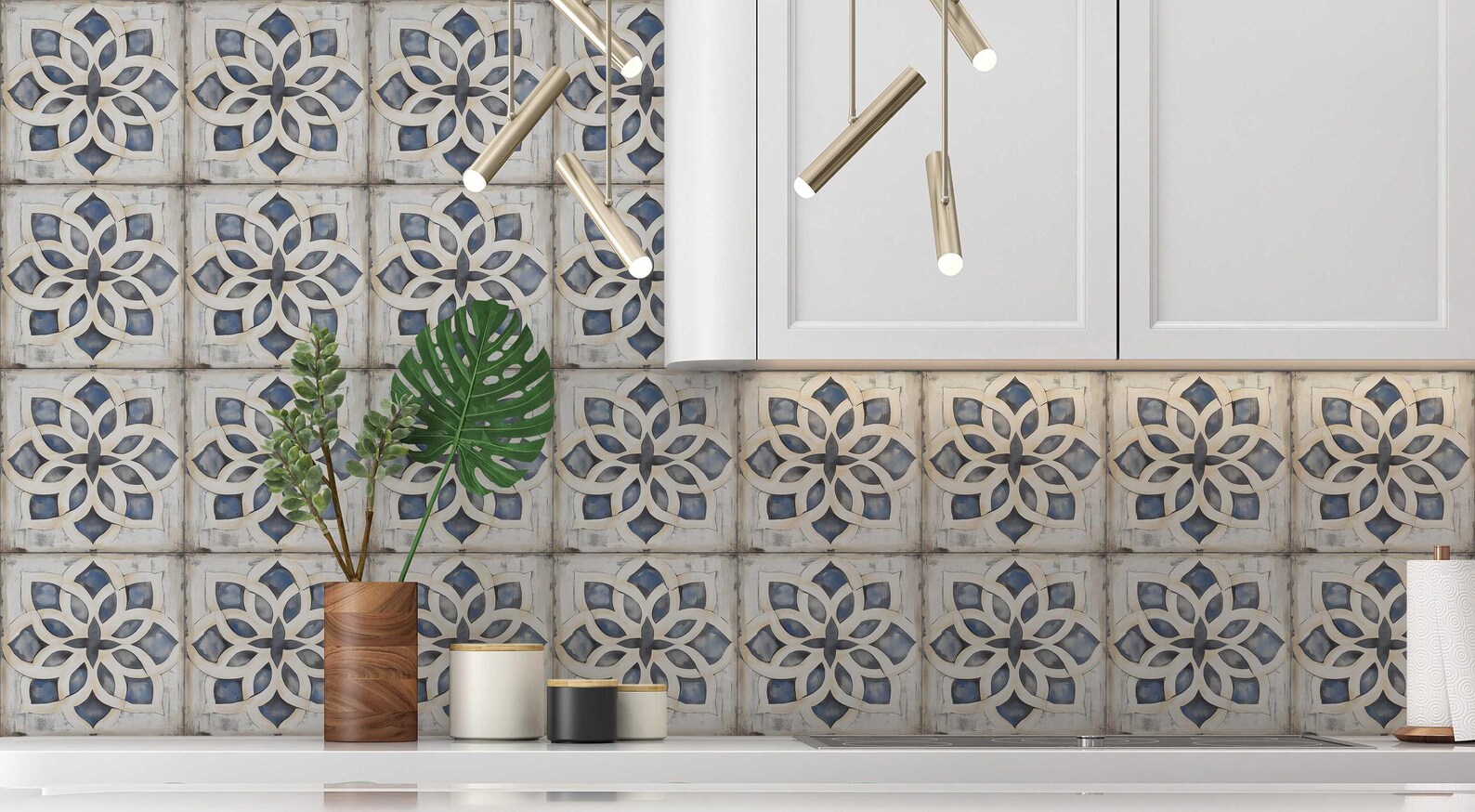 Ceramic Tile Blue Gray White - Patterned Tile Backsplash Blue Kitchen ...