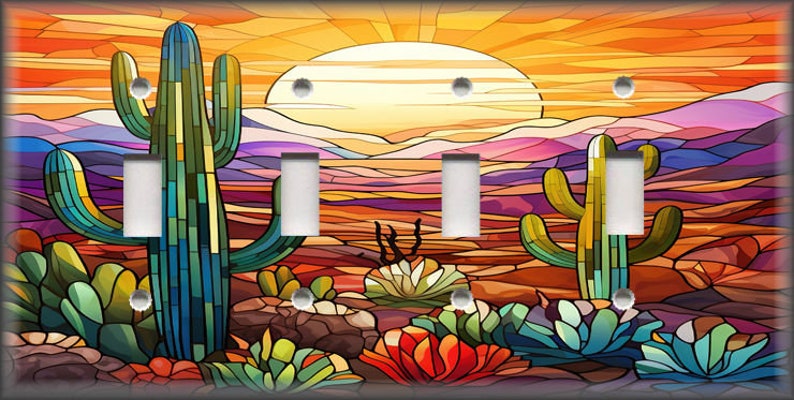 Cactus Desert Sunset Stained Glass Design Home Decor Cactus Decor ...