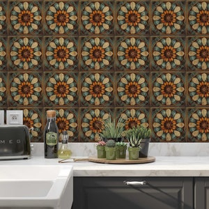 Earth Tones Ceramic Tile Medallion Design Kitchen Backsplash Tile ...