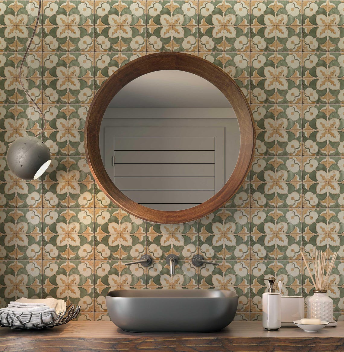 Antique Green Patterned Ceramic Tile - Green Kitchen Backsplash - Green ...