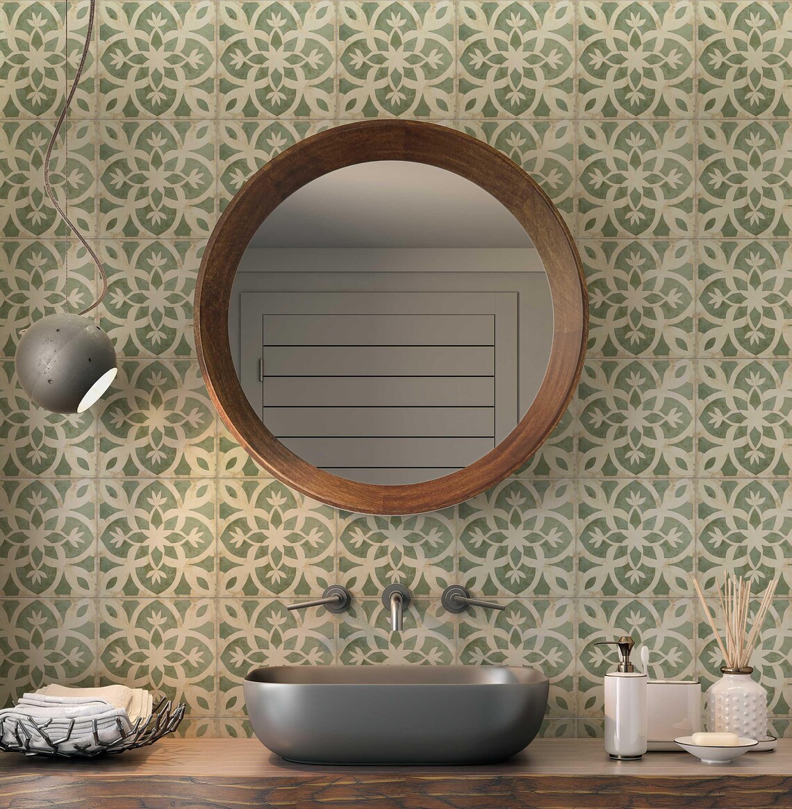 Sage Green Patterned Ceramic Tile - Green Kitchen Backsplash - Unique ...