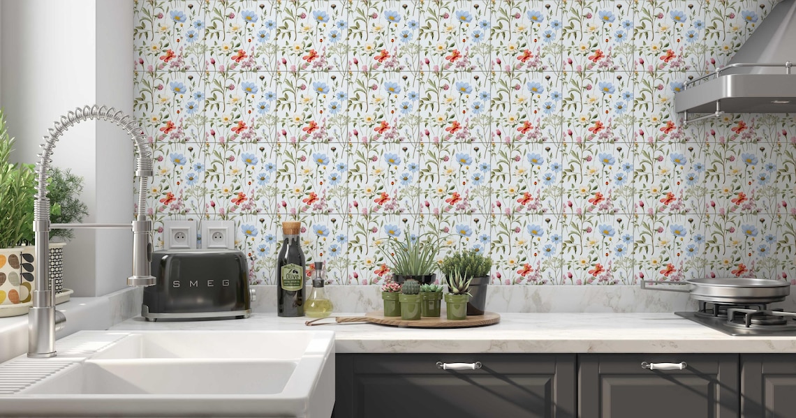 Botanical Floral Ceramic Tile - Kitchen Backsplash Tile - Bathroom Tile ...