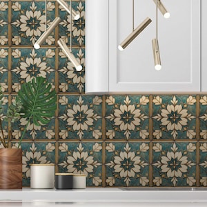 Teal Vintage Design Ceramic Tile Kitchen Backsplash Tile - Bathroom ...