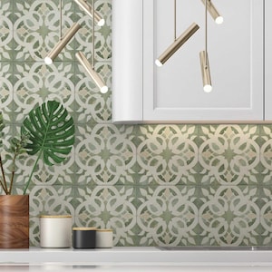 Sage Green Patterned Ceramic Tile - Green Kitchen Backsplash - Unique ...