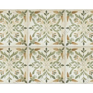 Neutral Green Beige Botanical Ceramic Tile Patterned Kitchen Backsplash ...