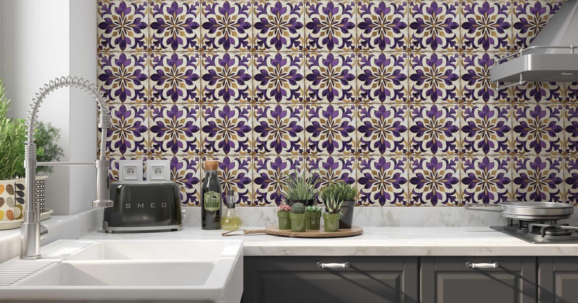 Purple Patterned Ceramic Tile - Vintage Aged Design Tile - Unique ...