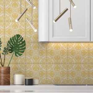 Yellow and White Patterned Ceramic Tile Design Kitchen Backsplash Tile ...