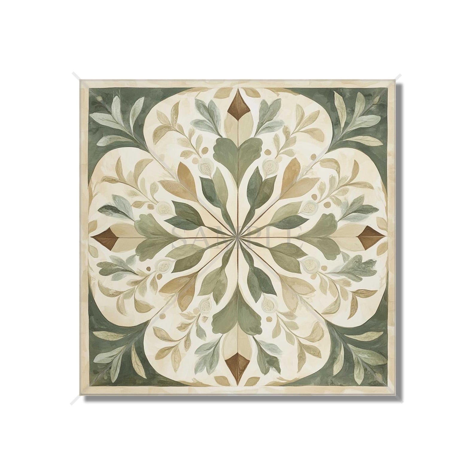 Neutral Green Beige Botanical Ceramic Tile Patterned Kitchen Backsplash ...