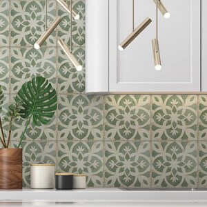 Sage Green Patterned Ceramic Tile - Green Kitchen Backsplash - Unique ...
