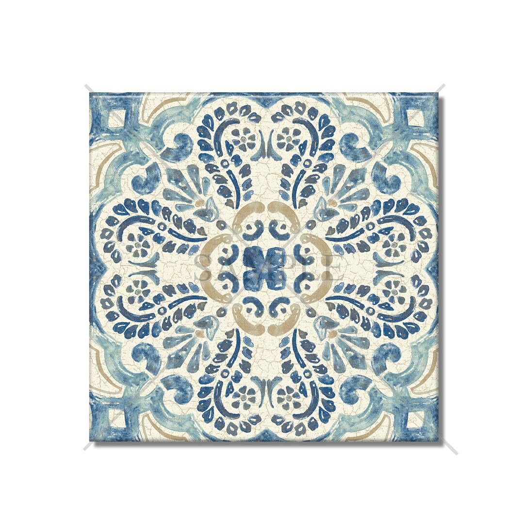 Blue and Tan Patterned Ceramic Tile - Multi Colored Vintage Design ...
