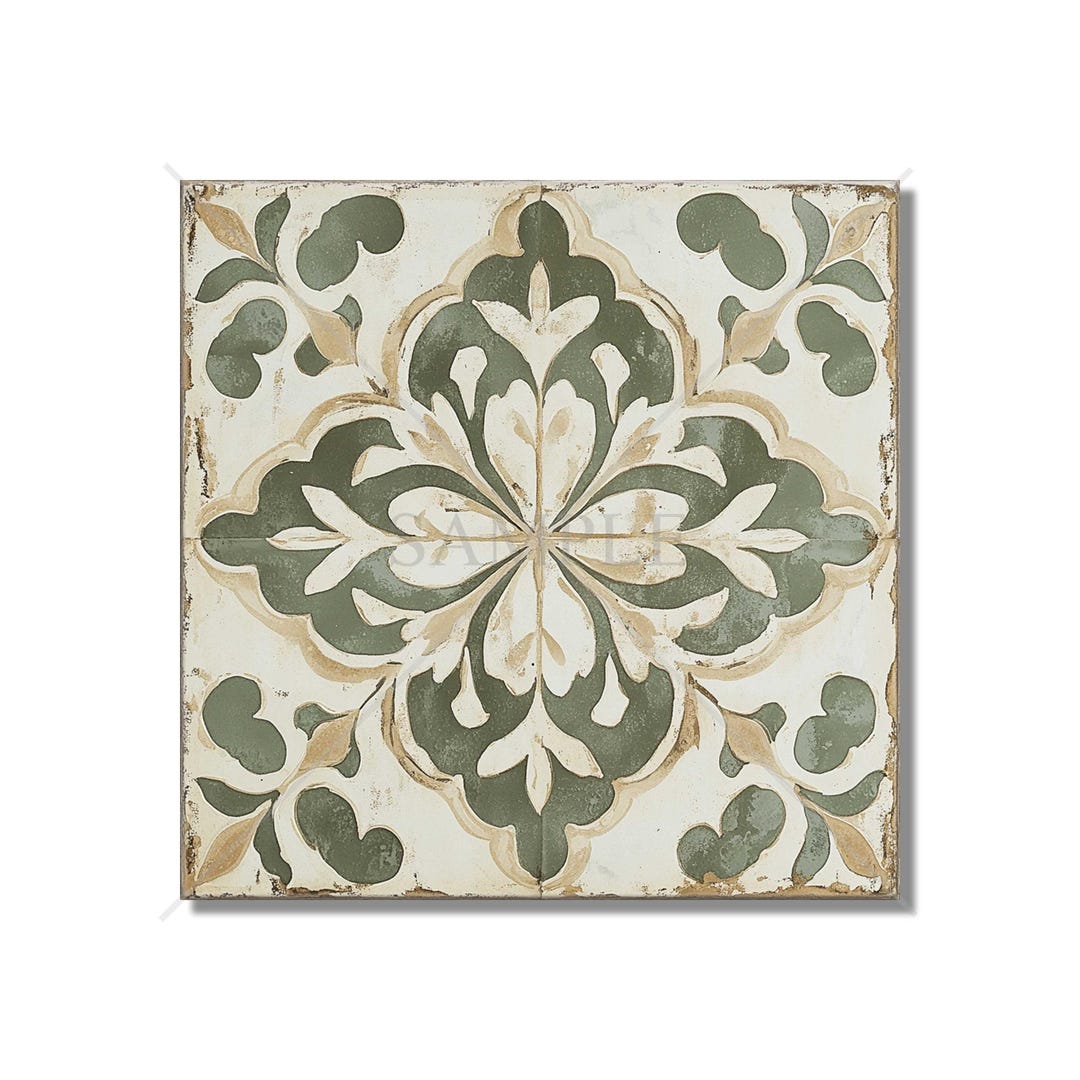 Antique Green Patterned Ceramic Tile - Green Kitchen Backsplash - Green ...