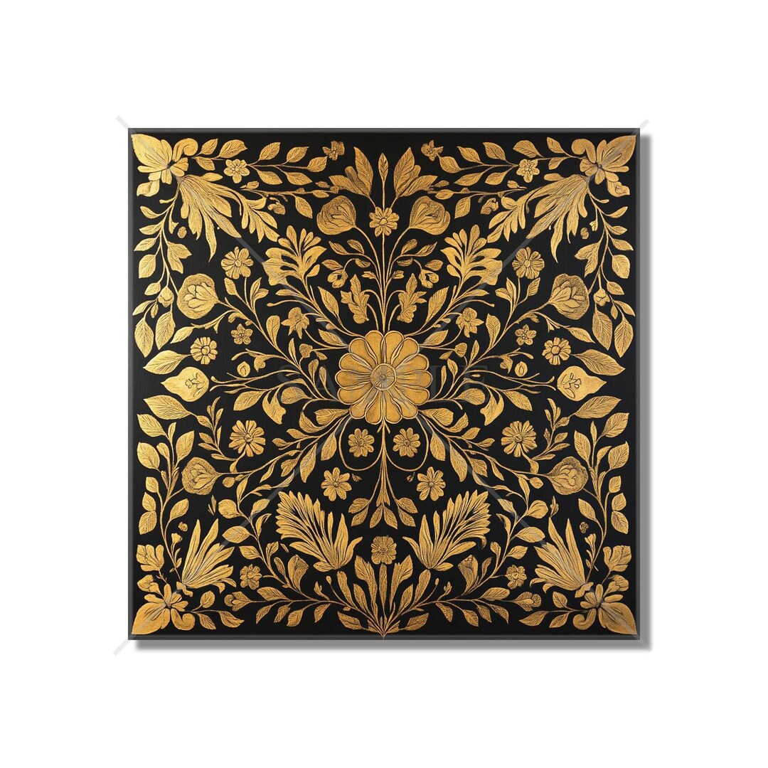 Vintage Floral Design Ceramic Tile Black and Gold Tones Kitchen ...