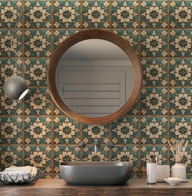 Teal Vintage Design Ceramic Tile Kitchen Backsplash Tile - Bathroom ...