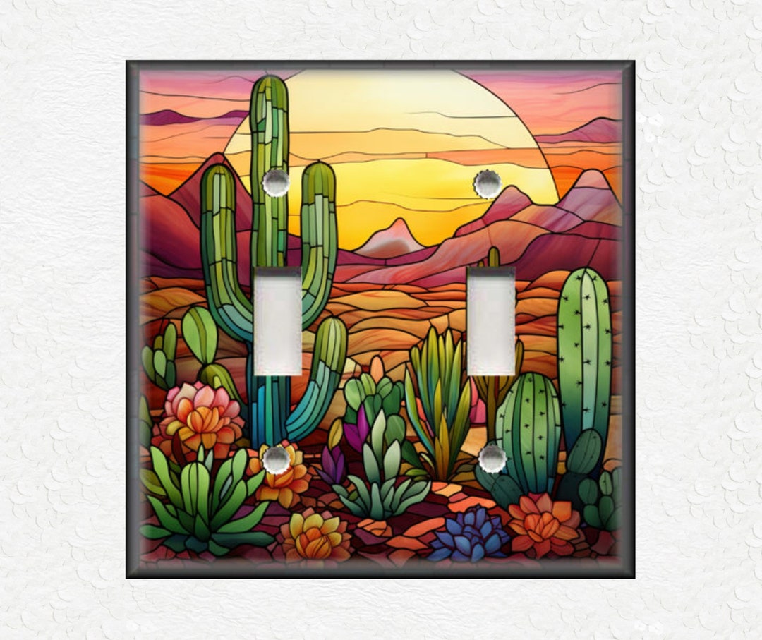 Cactus Desert Sunset Stained Glass Design Home Decor Cactus Decor ...