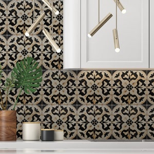 Rustic Black and Tan Ceramic Tile Patterned Tile Backsplash Kitchen ...