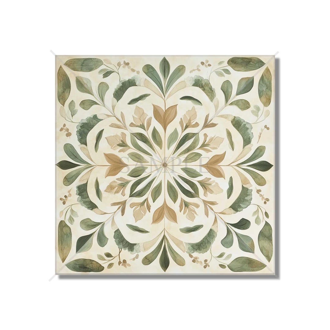 Neutral Green Beige Botanical Ceramic Tile Patterned Kitchen Backsplash ...