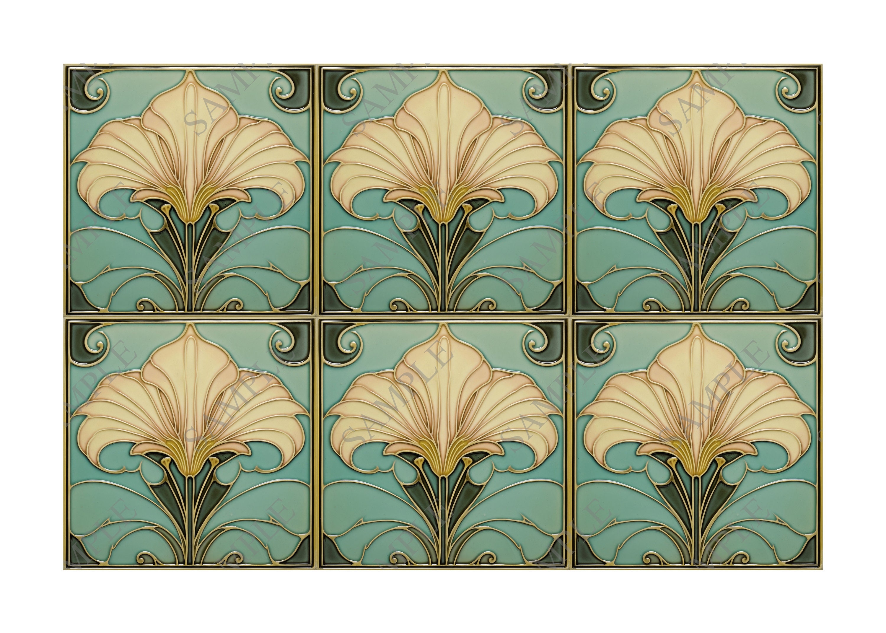 Ceramic Tile Kitchen Backsplash Tile - Yellow Green Vintage Art Nouveau ...