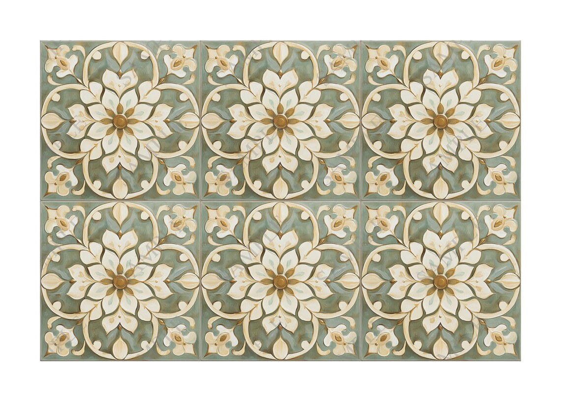 Sage Green Patterned Ceramic Tile - Green Kitchen Backsplash - Unique ...