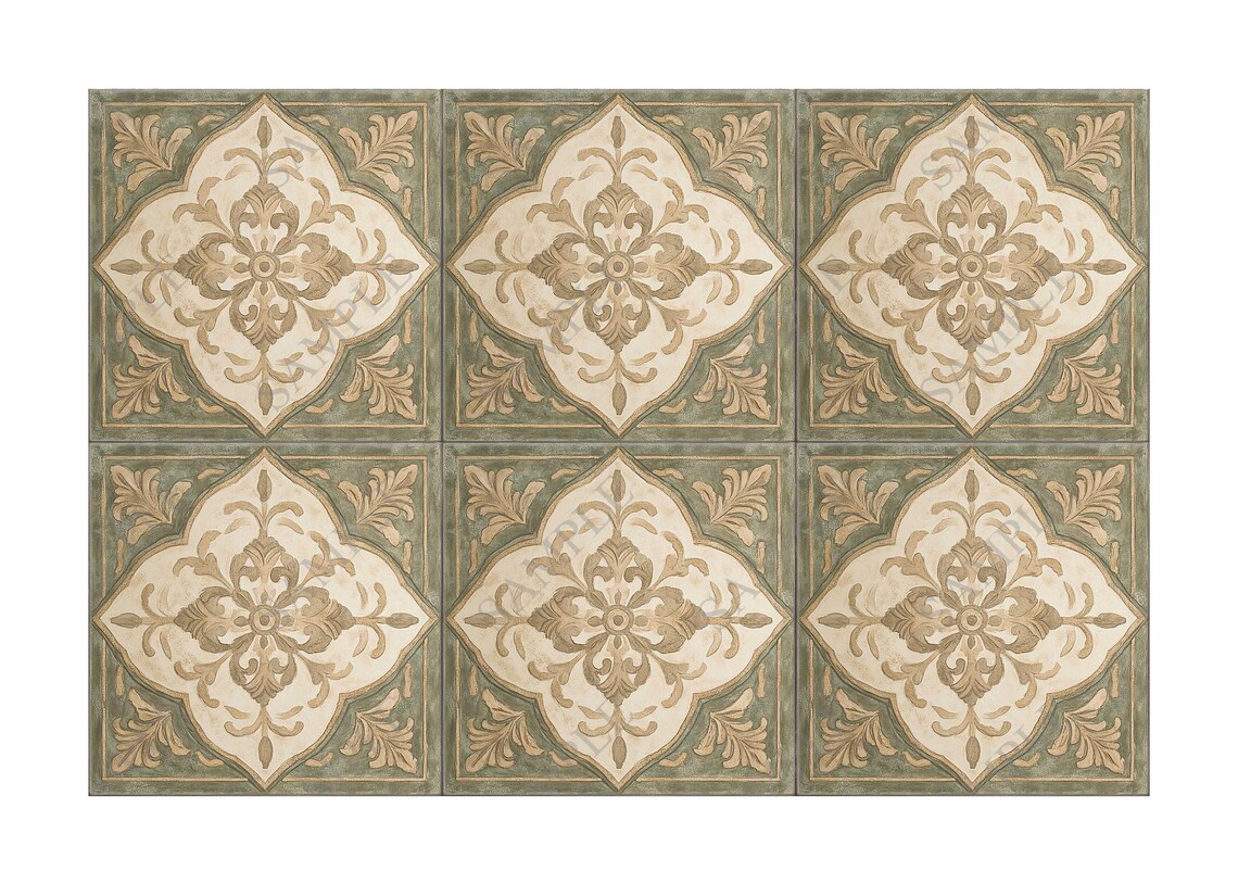 Green Patterned Ceramic Tile - Antique Patterned Green Kitchen ...