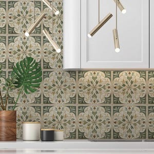 Neutral Green Beige Botanical Ceramic Tile Patterned Kitchen Backsplash ...