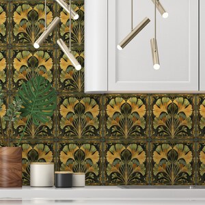 Vintage Art Nouveau Ceramic Tile Ginkgo Leaf Design Gold Green Kitchen ...