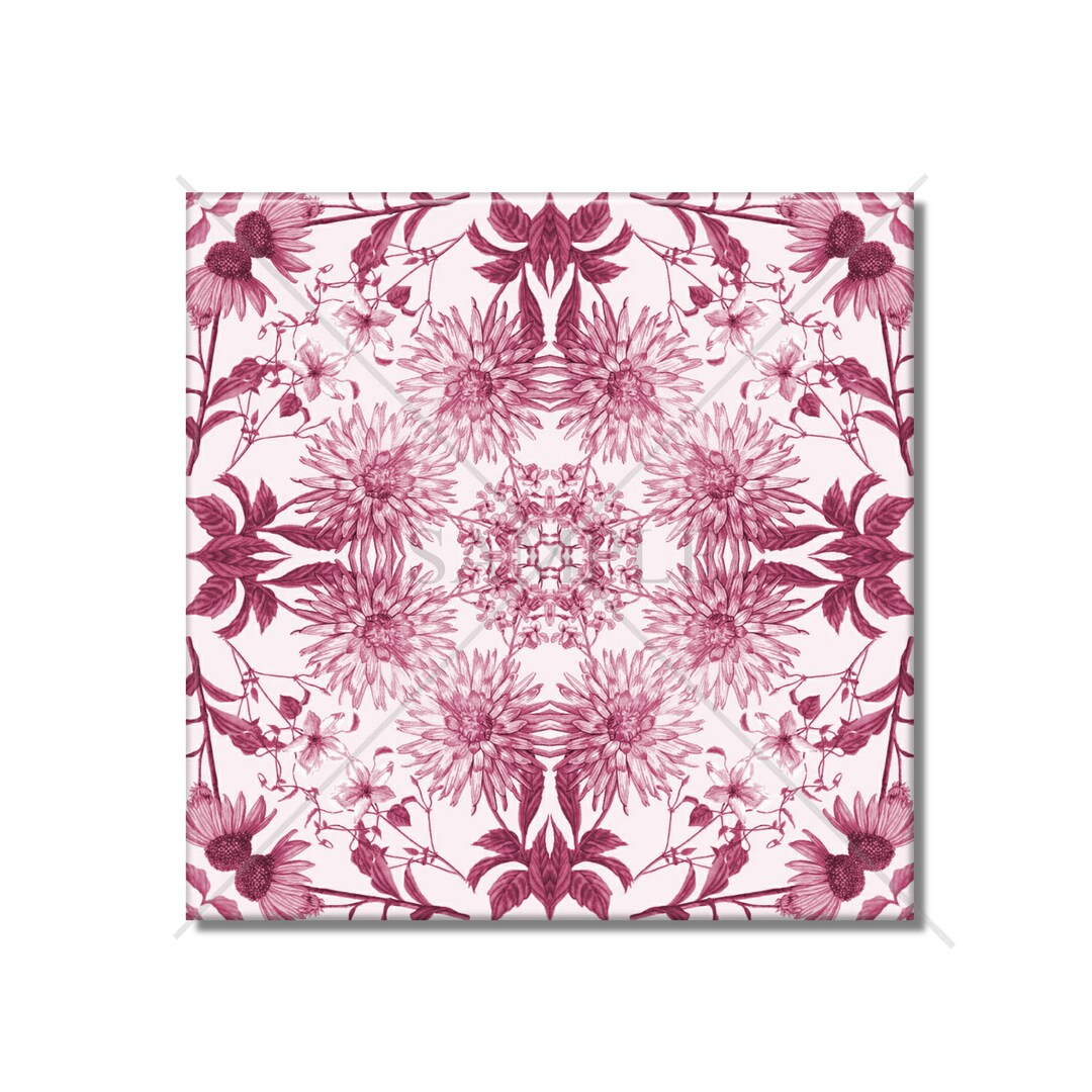 Vintage Botanical Floral Ceramic Tile - Pink Ceramic Tile - Kitchen ...