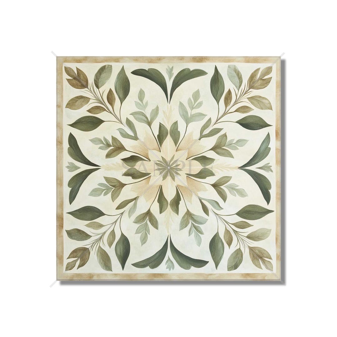Neutral Green Beige Botanical Ceramic Tile Patterned Kitchen Backsplash ...