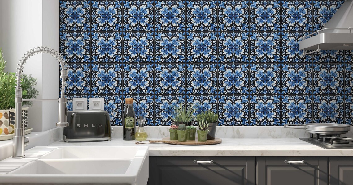 Blue And Black Patterned Ceramic Tile Unique Decorative Kitchen