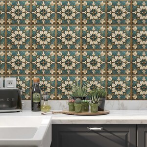Teal Vintage Design Ceramic Tile Kitchen Backsplash Tile - Bathroom ...