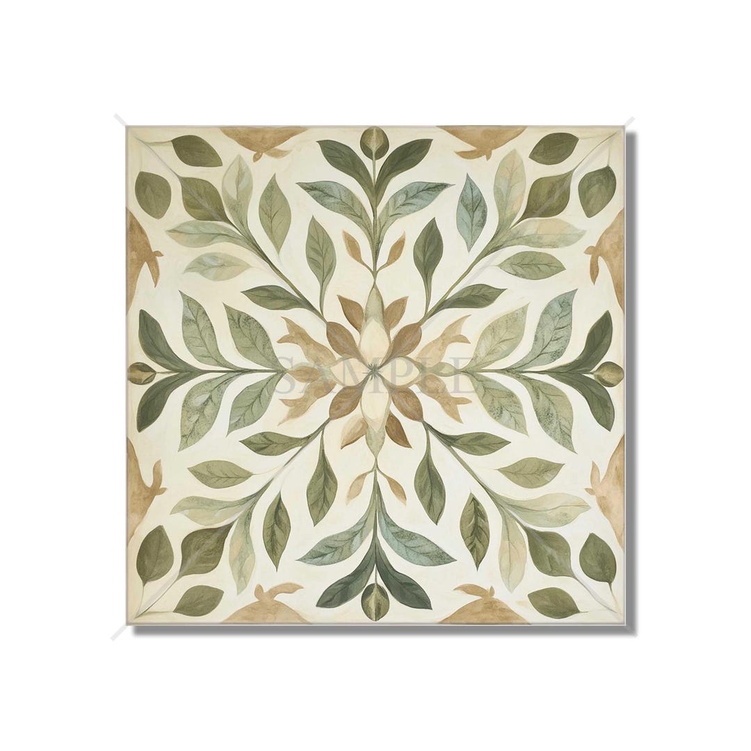 Neutral Green Beige Botanical Ceramic Tile Patterned Kitchen Backsplash ...