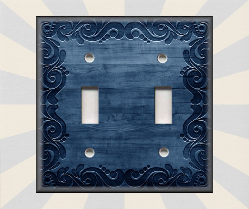 Navy Blue Rustic Swirl Framed Wood Design - Metal Light Switch Plate ...