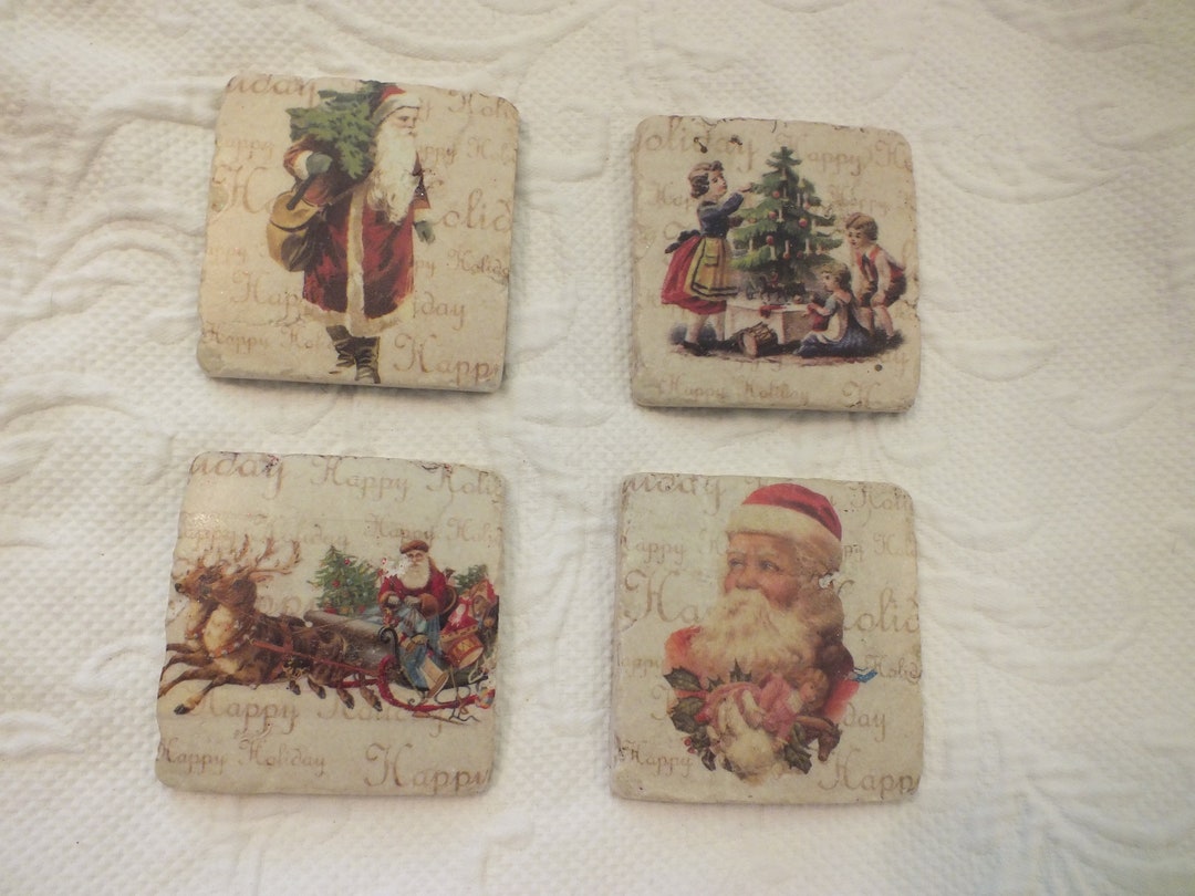 Christmas Tile Coasters With Vintage Scenes of Santa Claus With Sleigh ...