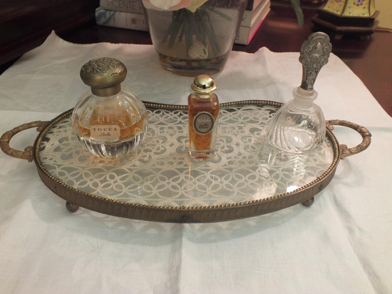 Vintage French Gold Vanity Tray With Lace- Vanity Dress With Handle ...