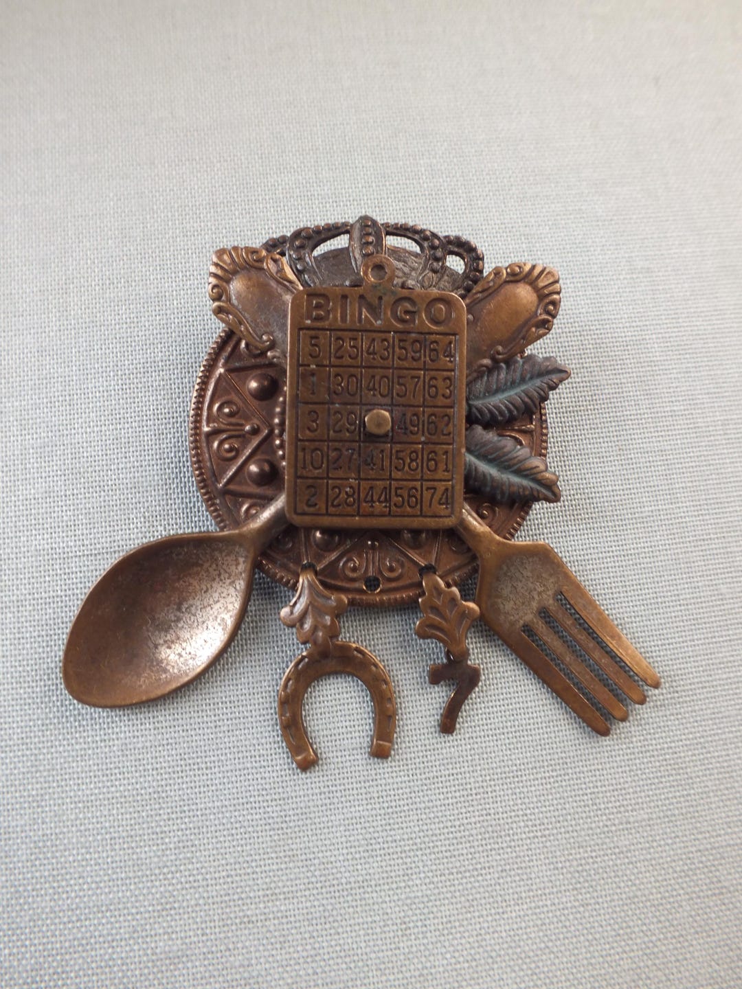Vintage Brooch Pin for Good Luck Bingo Card and Good Luck Symbols Mixed ...