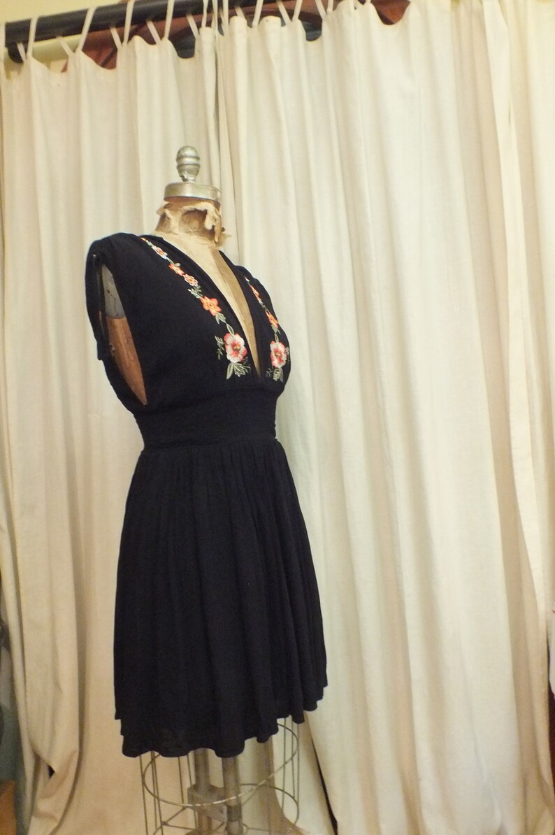 Black Embroidered Dress With Deep V Neck Short Dress Size Small - Etsy