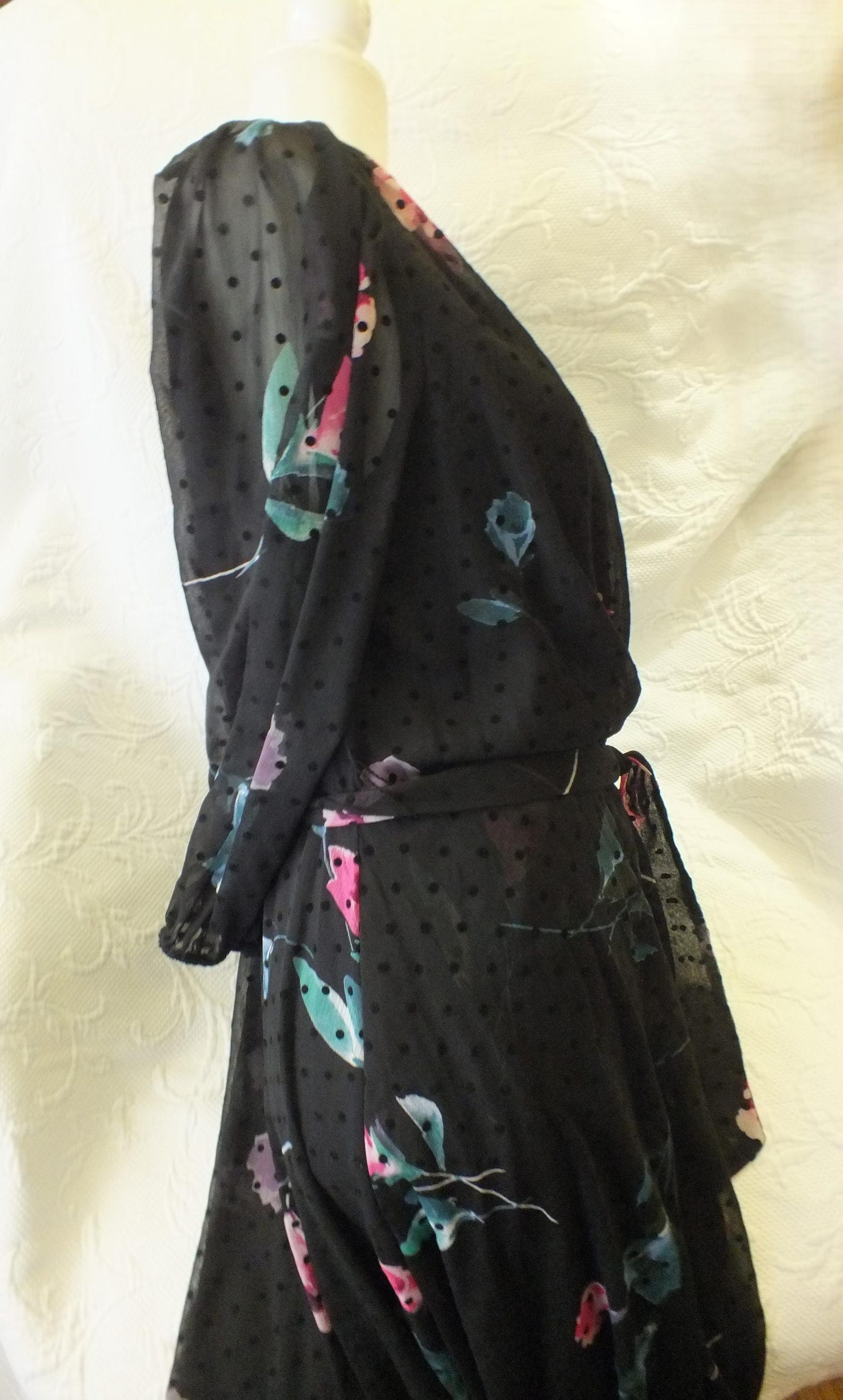 Swiss Dot Dress With Long Sleeves Black Floral Dress With Pink, Green ...