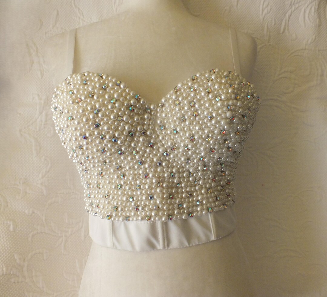 White Pearl Bustier Bra With Faux Pearls and Rhinestones Size Small ...