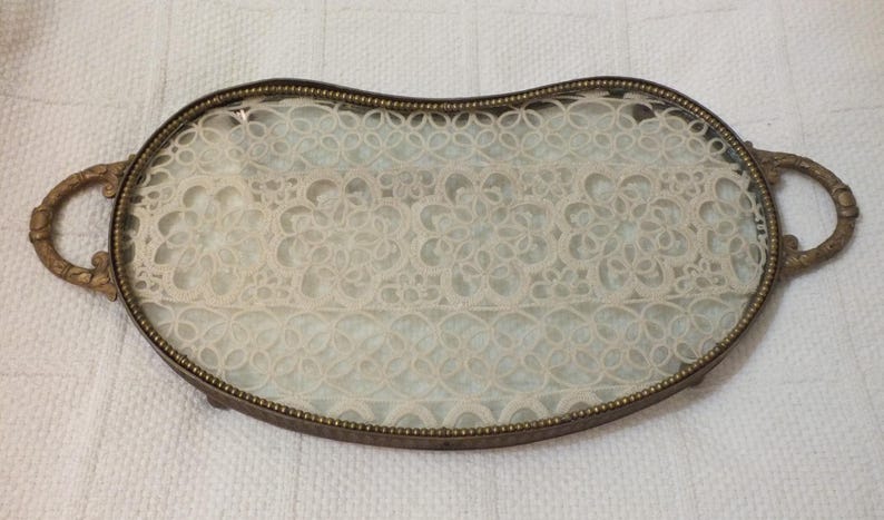 Vintage French Gold Vanity Tray With Lace- Vanity Dress With Handle ...