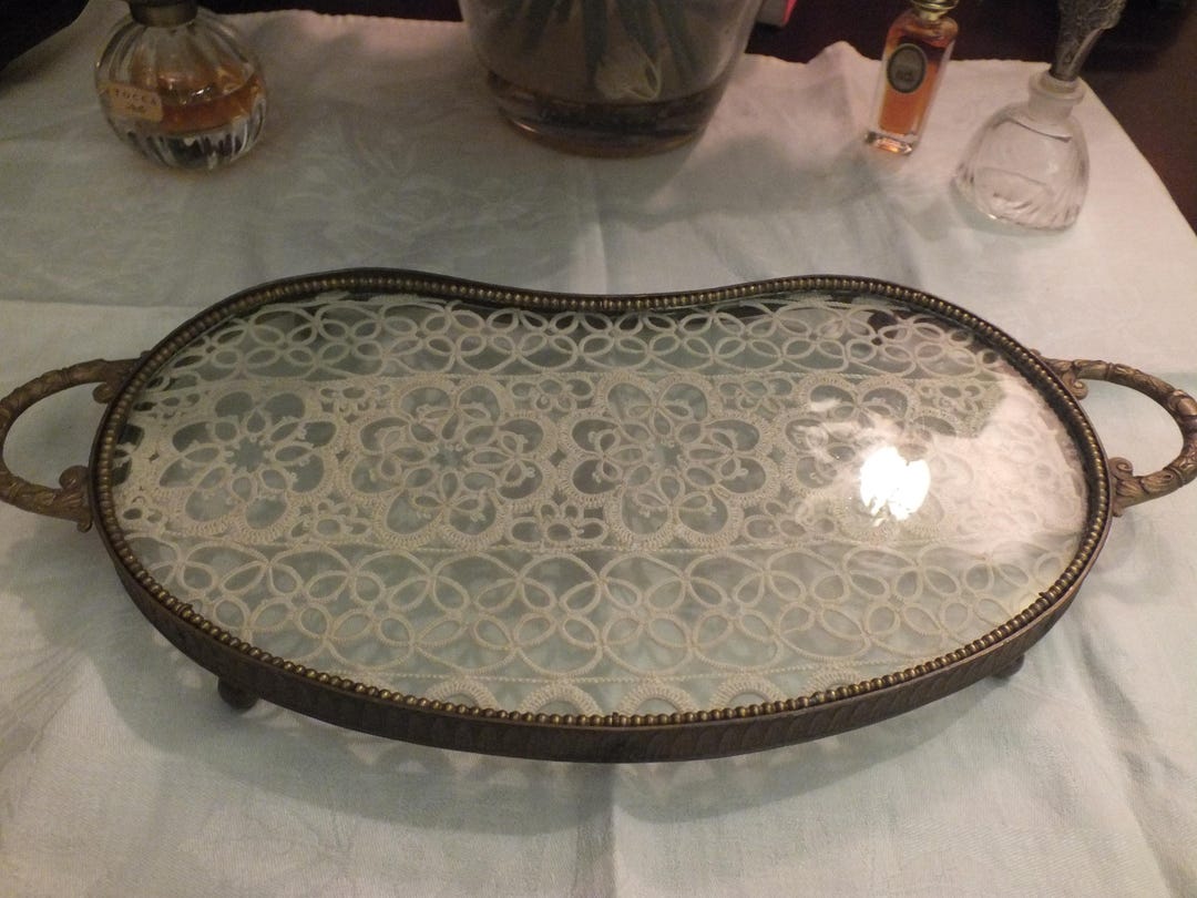 Vintage French Gold Vanity Tray With Lace- Vanity Dress With Handle ...