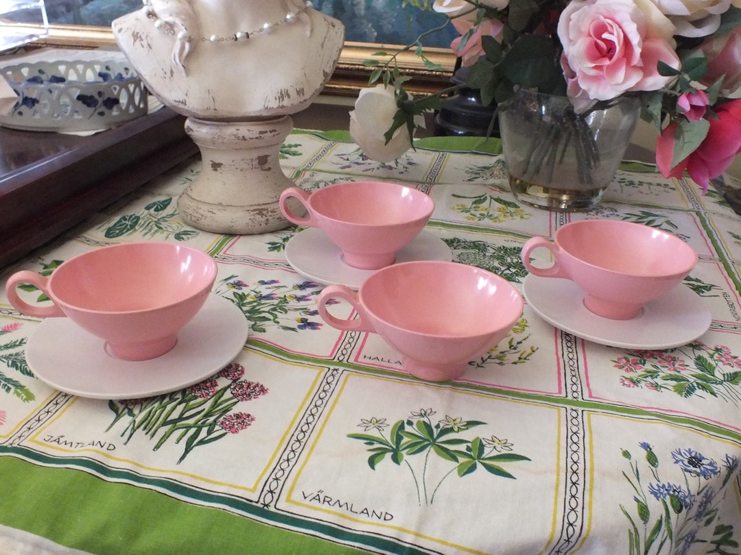 Vintage Boontonware Melamine Set of 4 Cups and Saucers White Plates ...