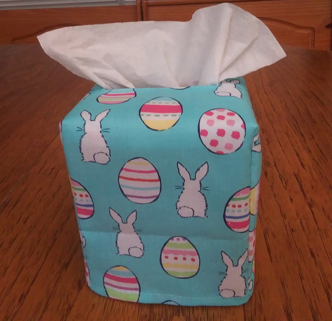 Tissue Box Cover, Square, Bunny Tails and Easter Eggs on Blue Fabric ...