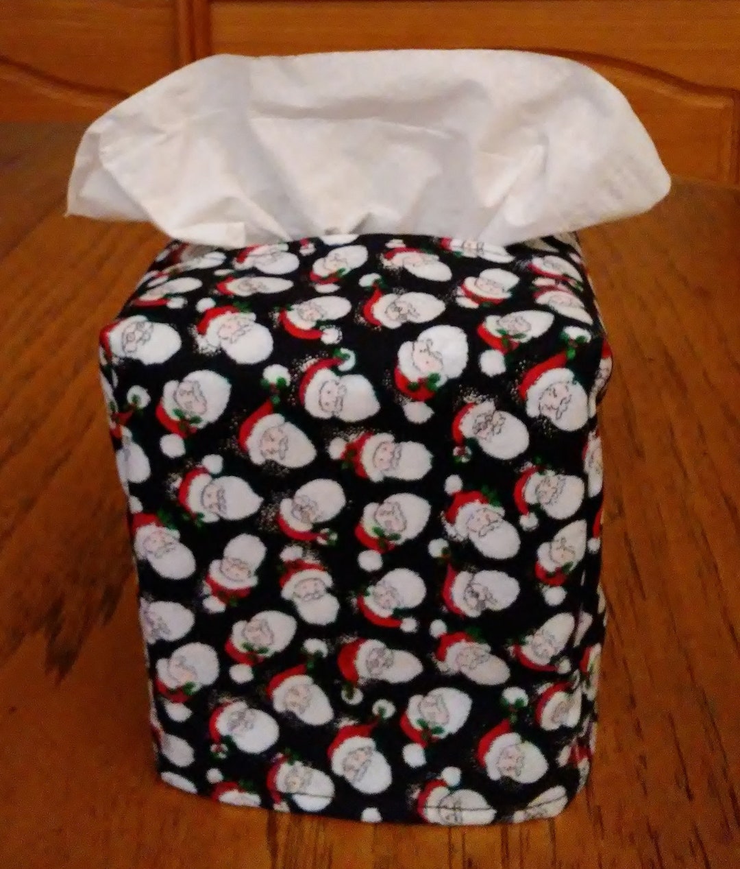 Tissue Box Cover, Square, Santa Claus on Black Fabric Tissue Box Cover ...