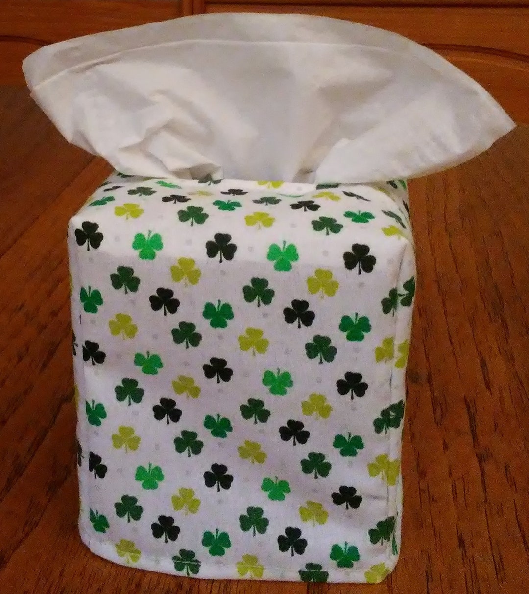 Tissue Box Cover, Square, Colorful Green Clover Leaves on White Fabric ...