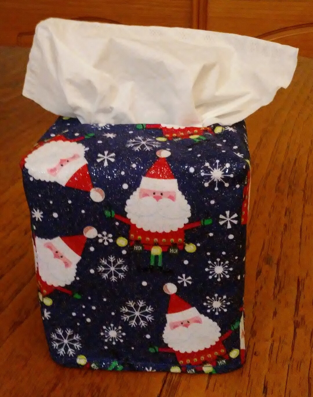 Tissue Box Cover, Square, Glittering Santa and Snowflakes on Blue ...